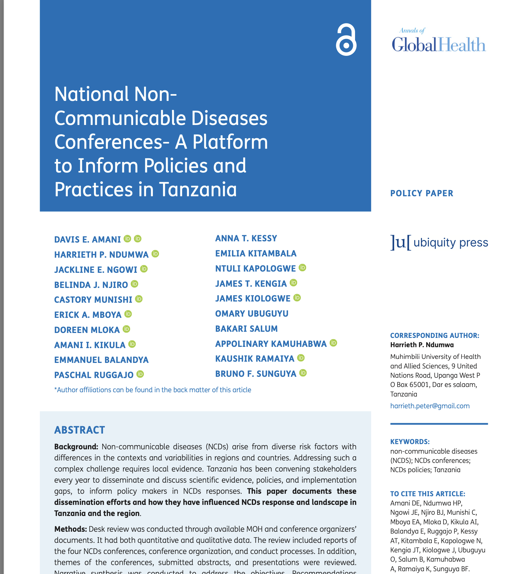 National NonCommunicable Diseases Conferences- A Platform to Inform Policies and Practices in ...